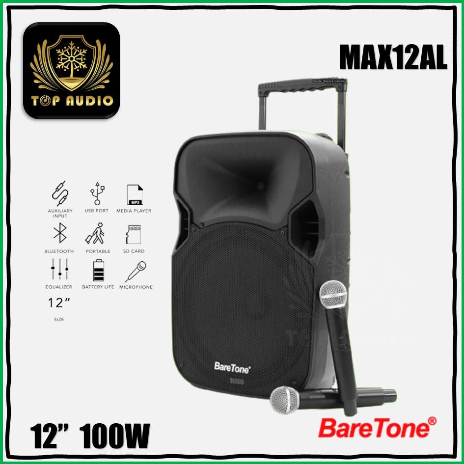 Baretone MAX12AL 12" Portable Speaker with Two UHF Wireless Microphone