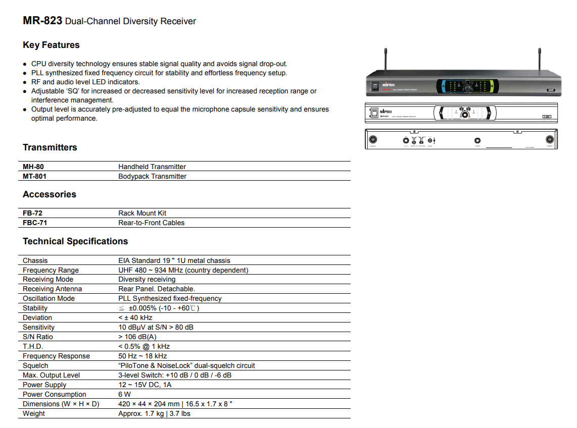 Mipro MR-823 UHF Dual Channel MT-801 Tie-Clip Wireless Microphone